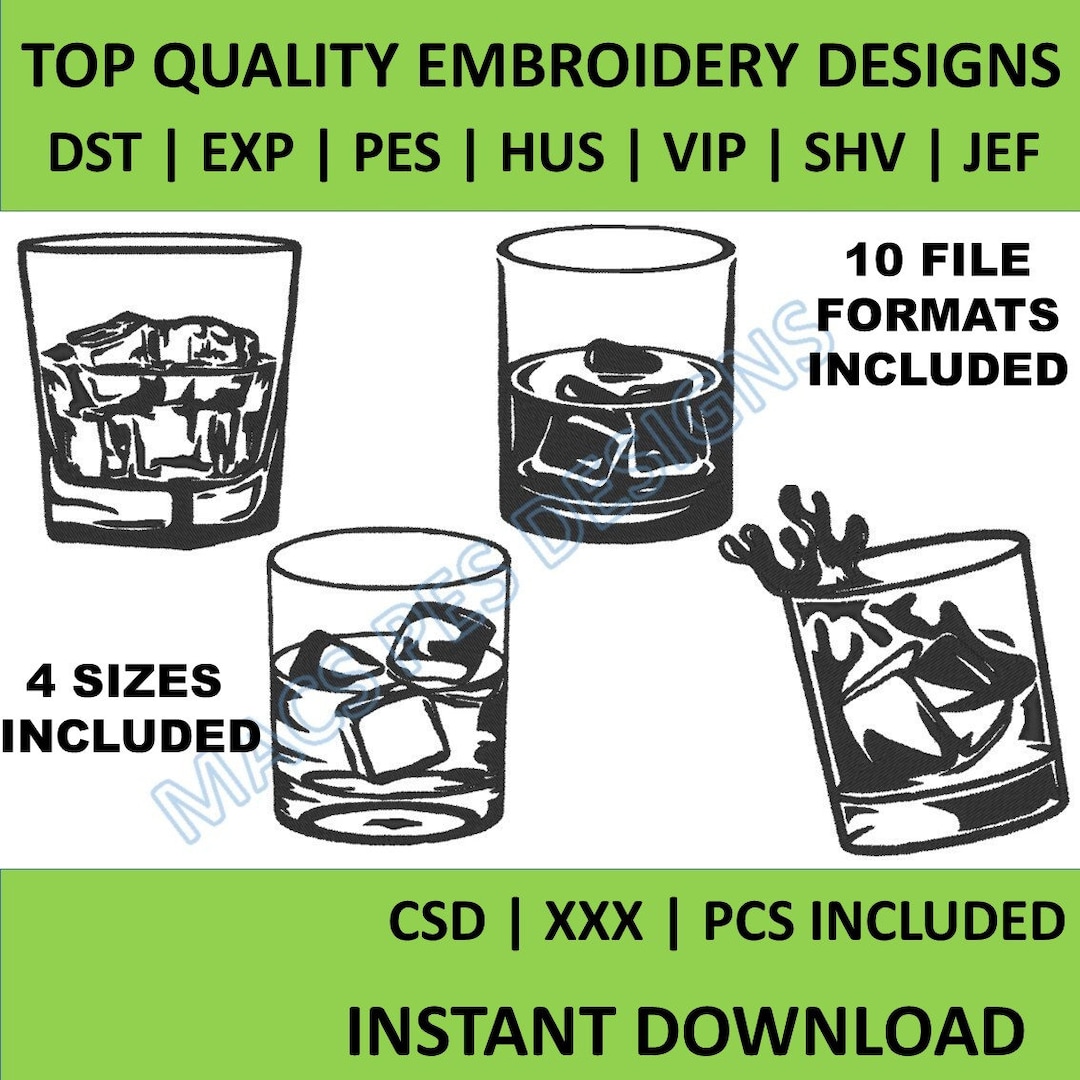 Whiskey Glass Ice Embroidery Designs PES JEF DST Drink Embroidery ...