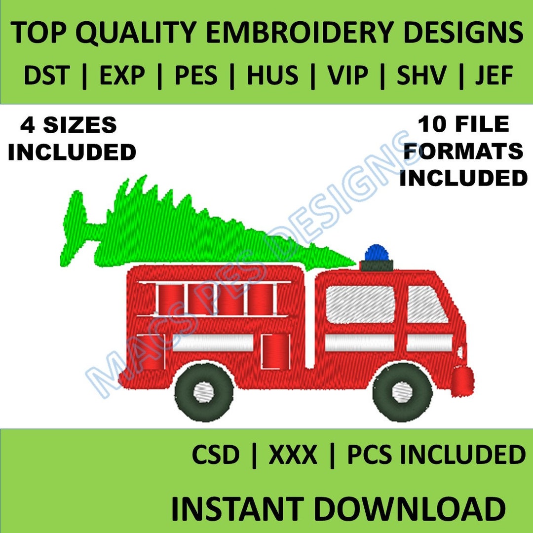 Christmas Fire Truck Embroidery Design PES JEF DST Xmas Embroidery ...