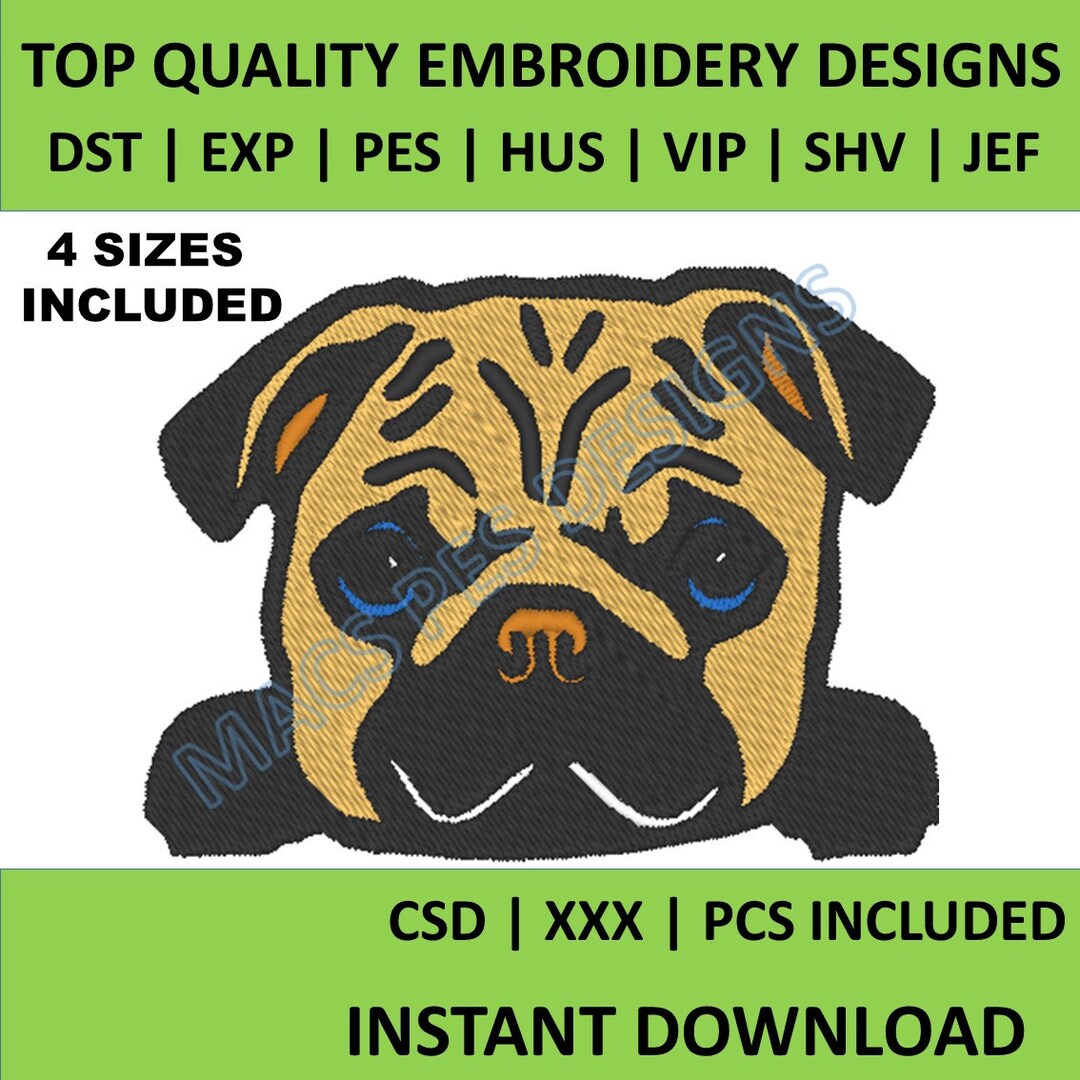 Pug Embroidery Design. Machine Embroidery Design. Pug Silhouette. Pug ...