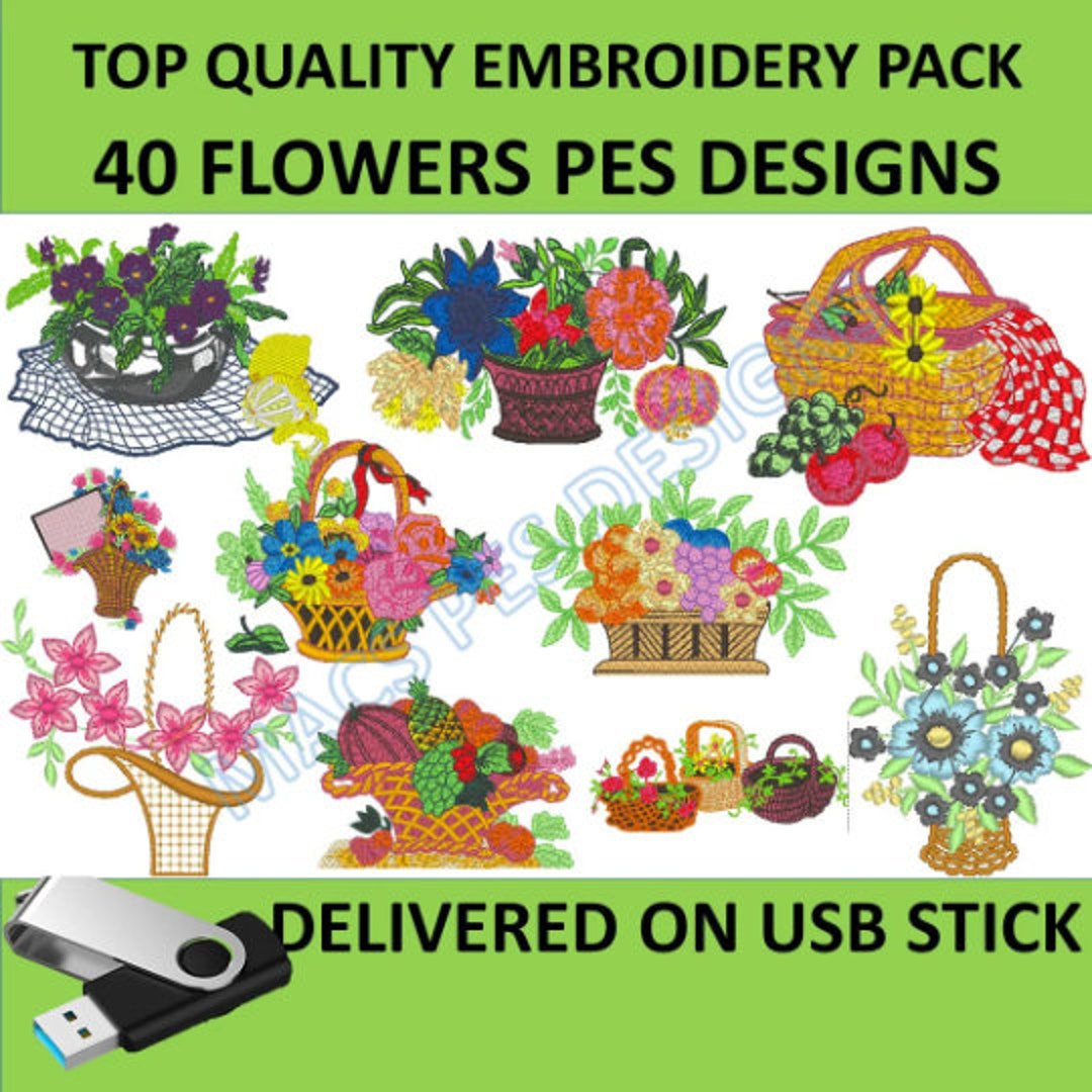 Flowers Garden 40 PES Designs Machine Embroidery Files on USB STICK ...