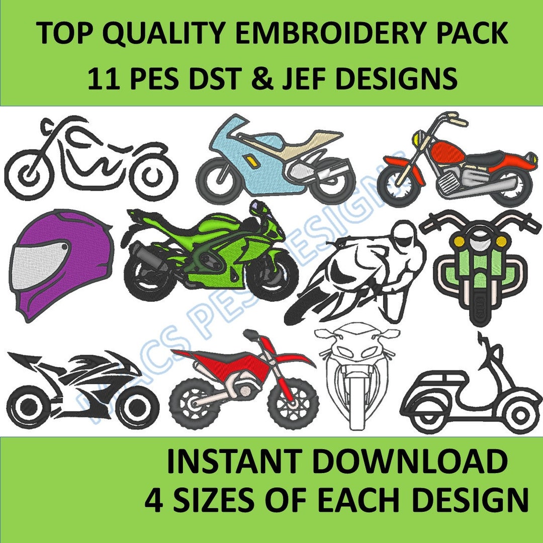 Motorbike PES JEF DST Embroidery Machine 11 Designs 4 Sizes, Embroidery ...