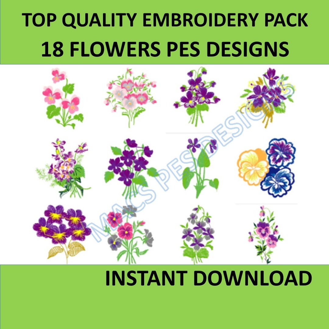 Pansies and Violets Flowers PES Designs Machine Embroidery 18 Files ...