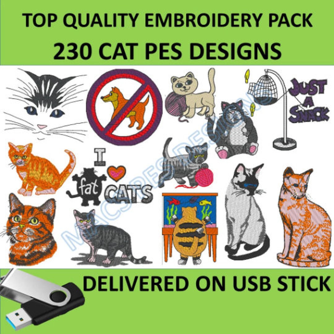Cats 230 PES Designs on USB Machine Embroidery Files to Embroider Cat ...