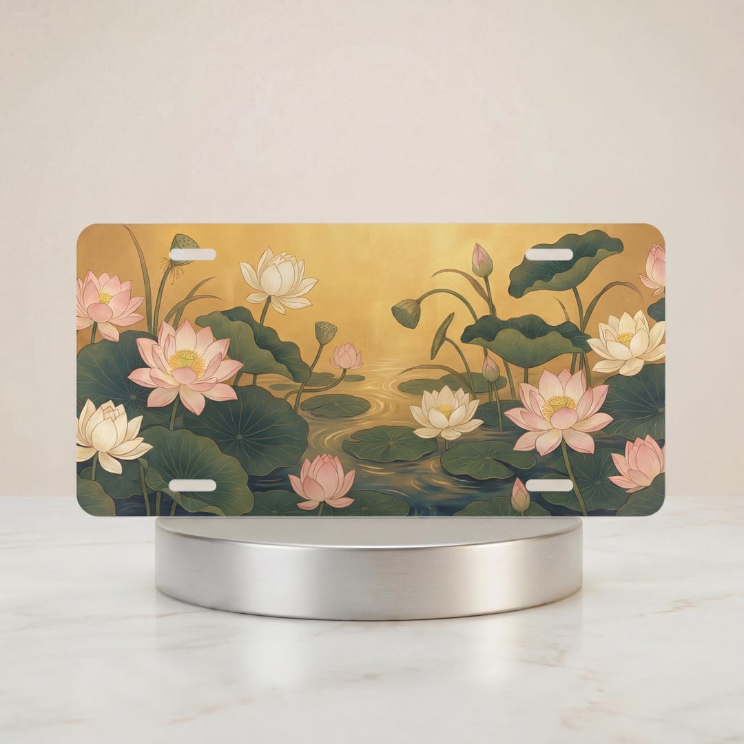 Lotus Lover Gift, Gold Japanese Floral Pond Front License Plate ...