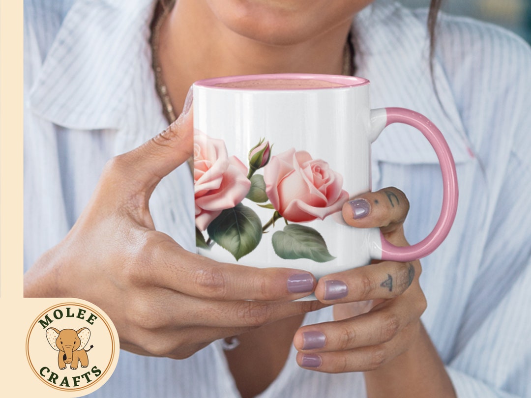 Pink Rose 3D Floral Design, Floral Nature Pressed Flower Mug, Two Tone ...