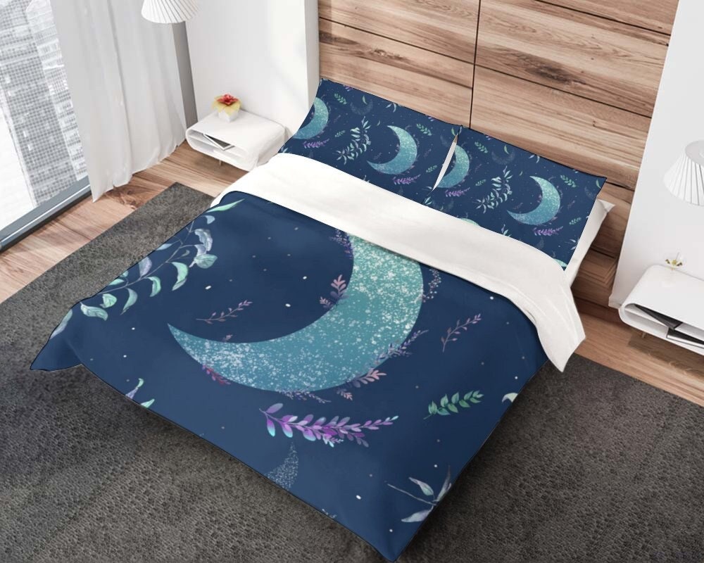 Blue Moon Comforter Set/bohemian Sun and Moonbedding Set/natural Landscape Floral Pillowcases ...