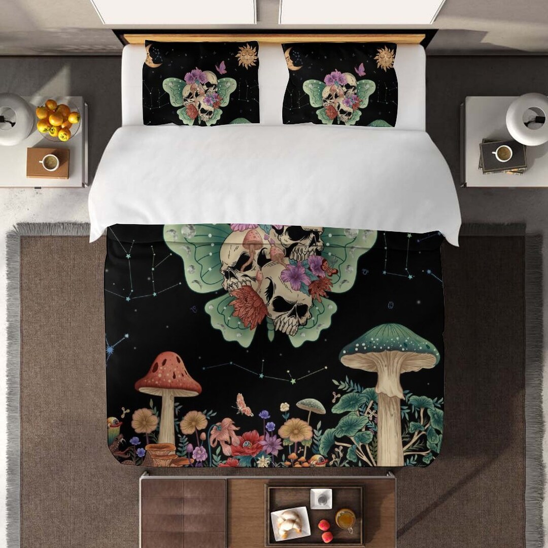 Butterfly Skull 3 Piece Bedding Set, Mushroom Floral Bed Set Bedroom ...