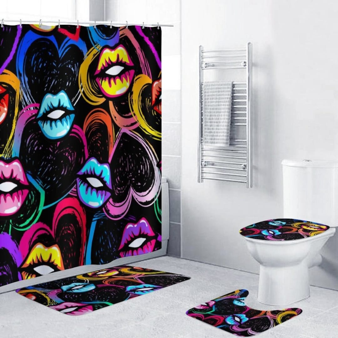 Gradient Lip Bathroom 4-piece Set, Shower Curtain Set, Floor Mat ...