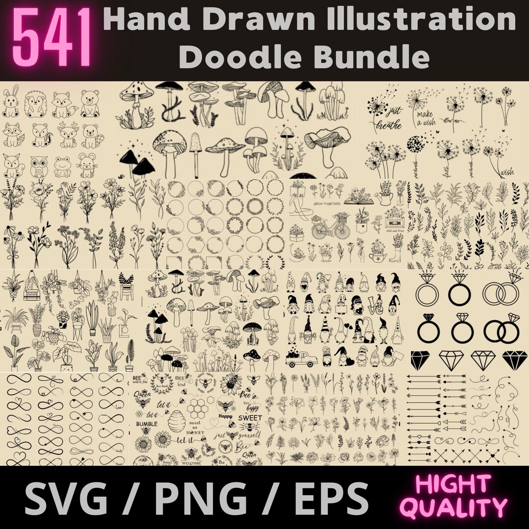541 Lifetime Doodle Mega Bundle, Doodles SVG Bundle, Hand-drawn Black ...