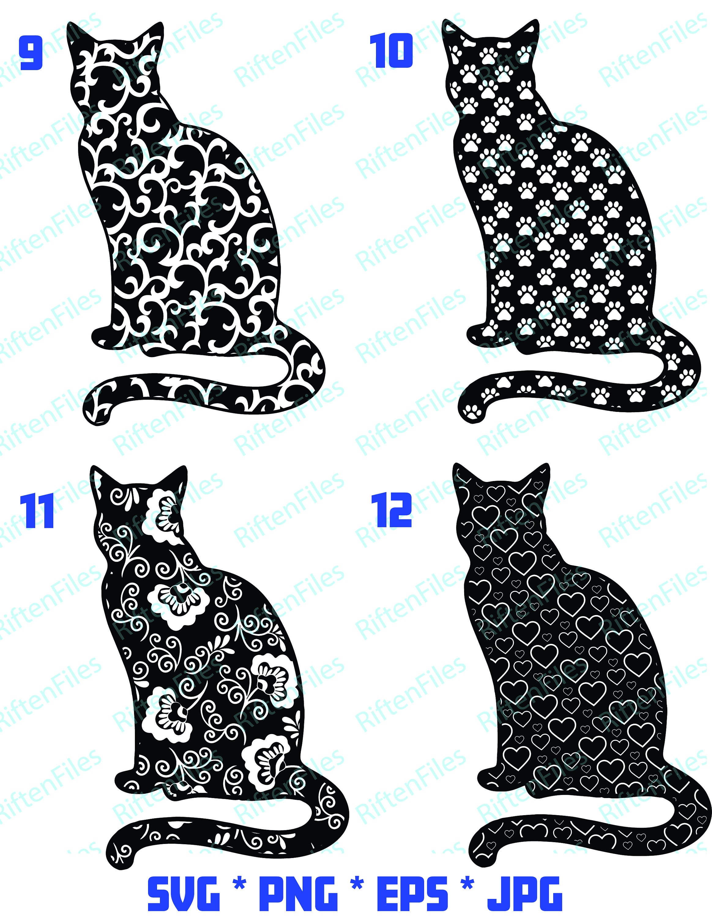 Bundle of 16 Cat Silhouette Patterns Svg Png Jpg Eps Digital File - Etsy
