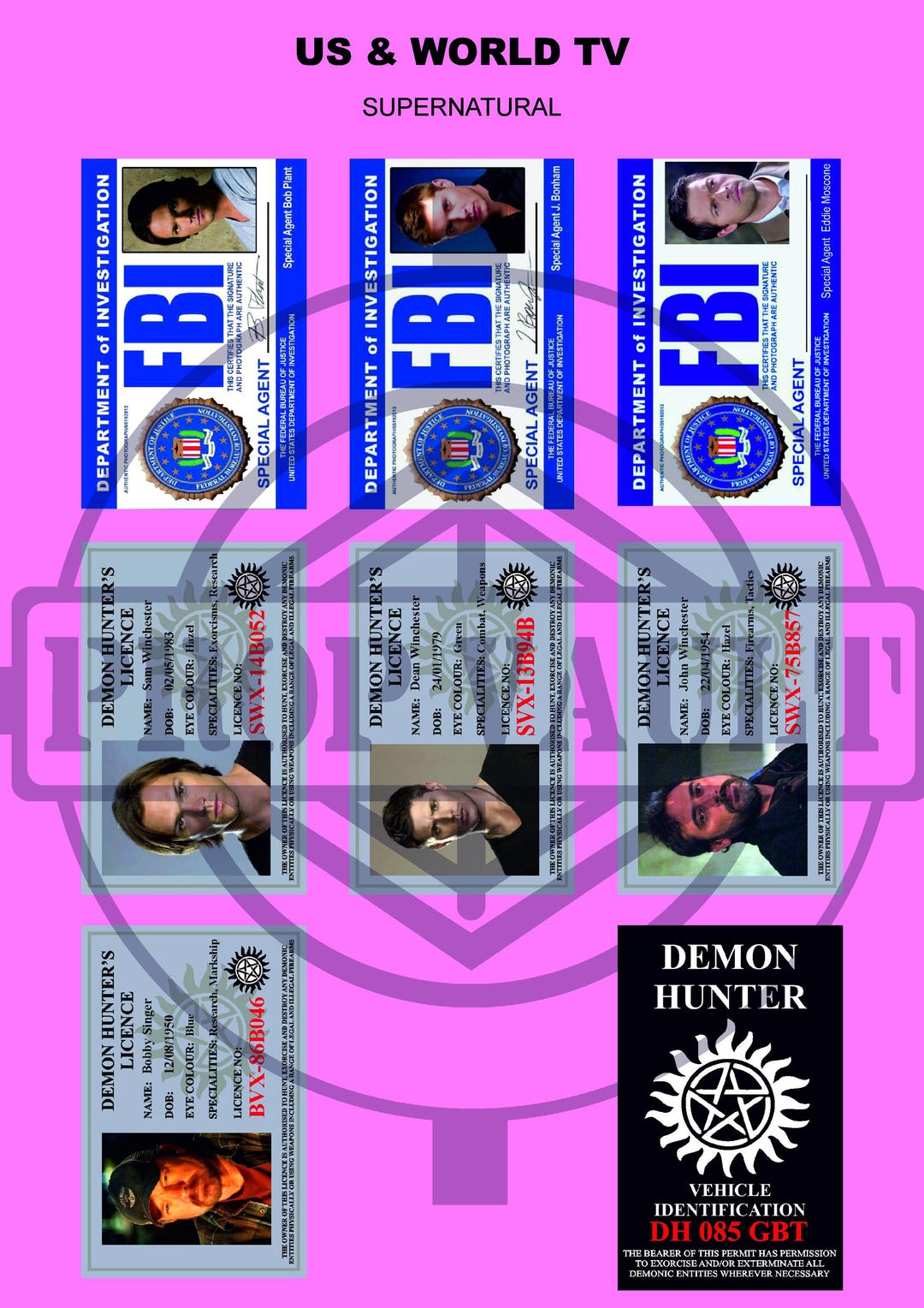 Supernatural Demon Hunter Cosplay ID Card All Sam, Dean, Cass, Bobby ...