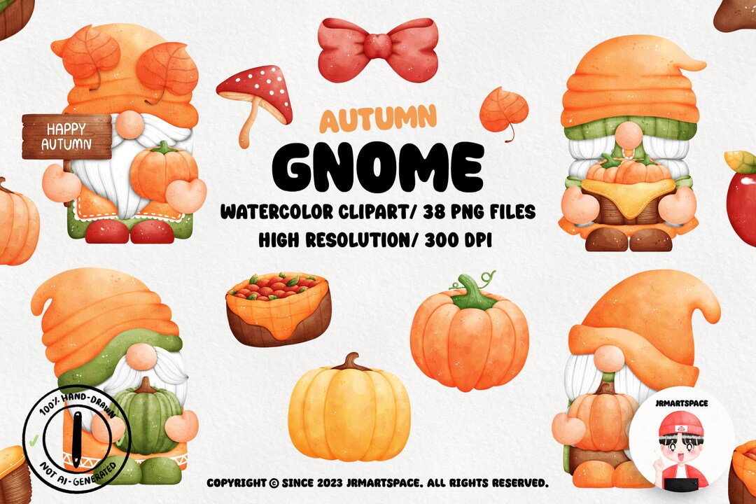Autumn Gnome Watercolor Clipart, Fall Gnome Watercolor Clipart, Gnome ...