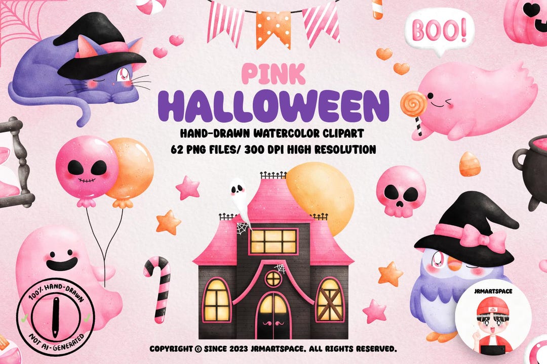 Pink Halloween Watercolor Clipart, Watercolor Pink Halloween Clipart ...