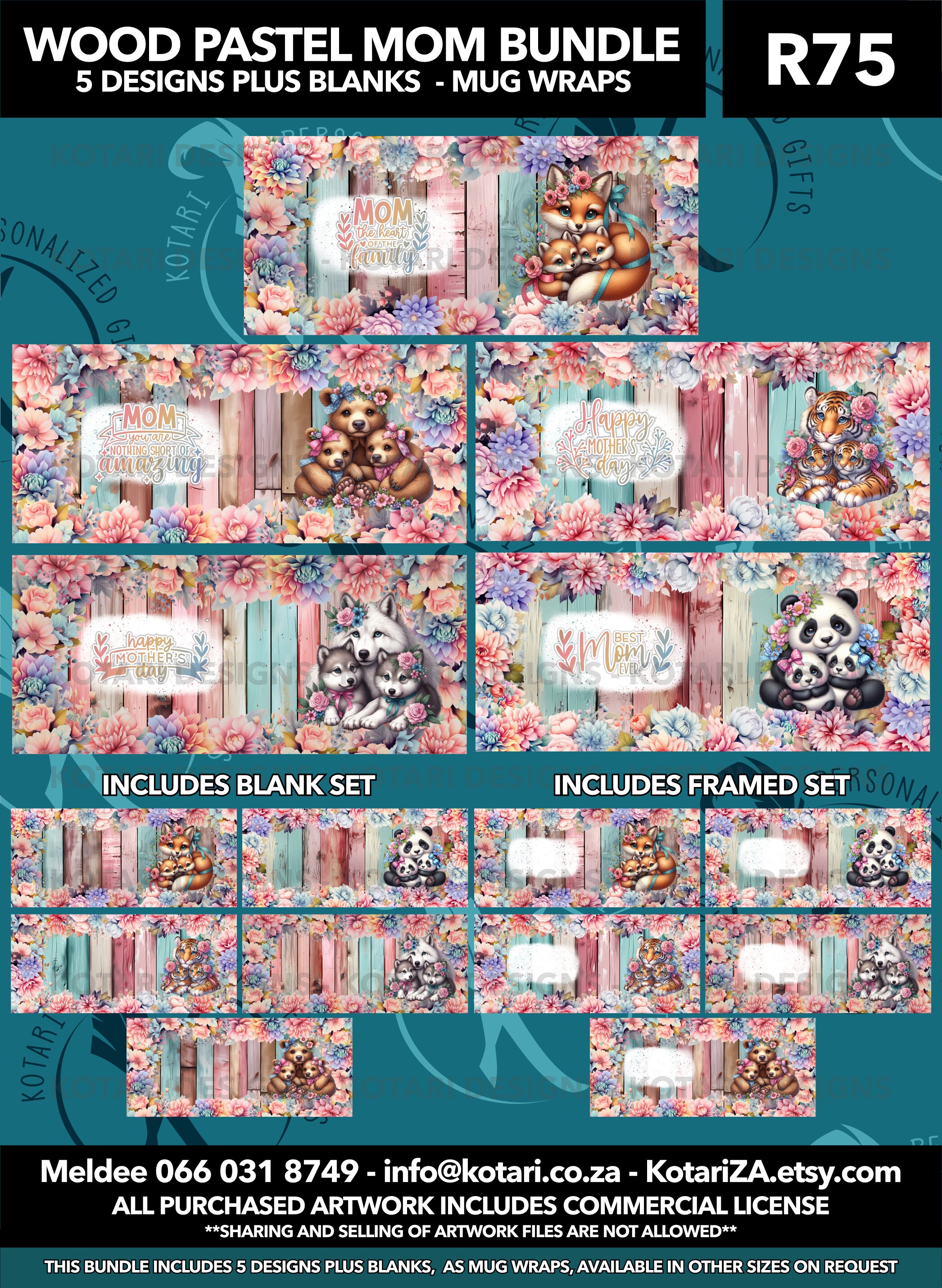 Wood Pastel Cute Animals With Babies Mom Bundle - 5 Designs With Text ...