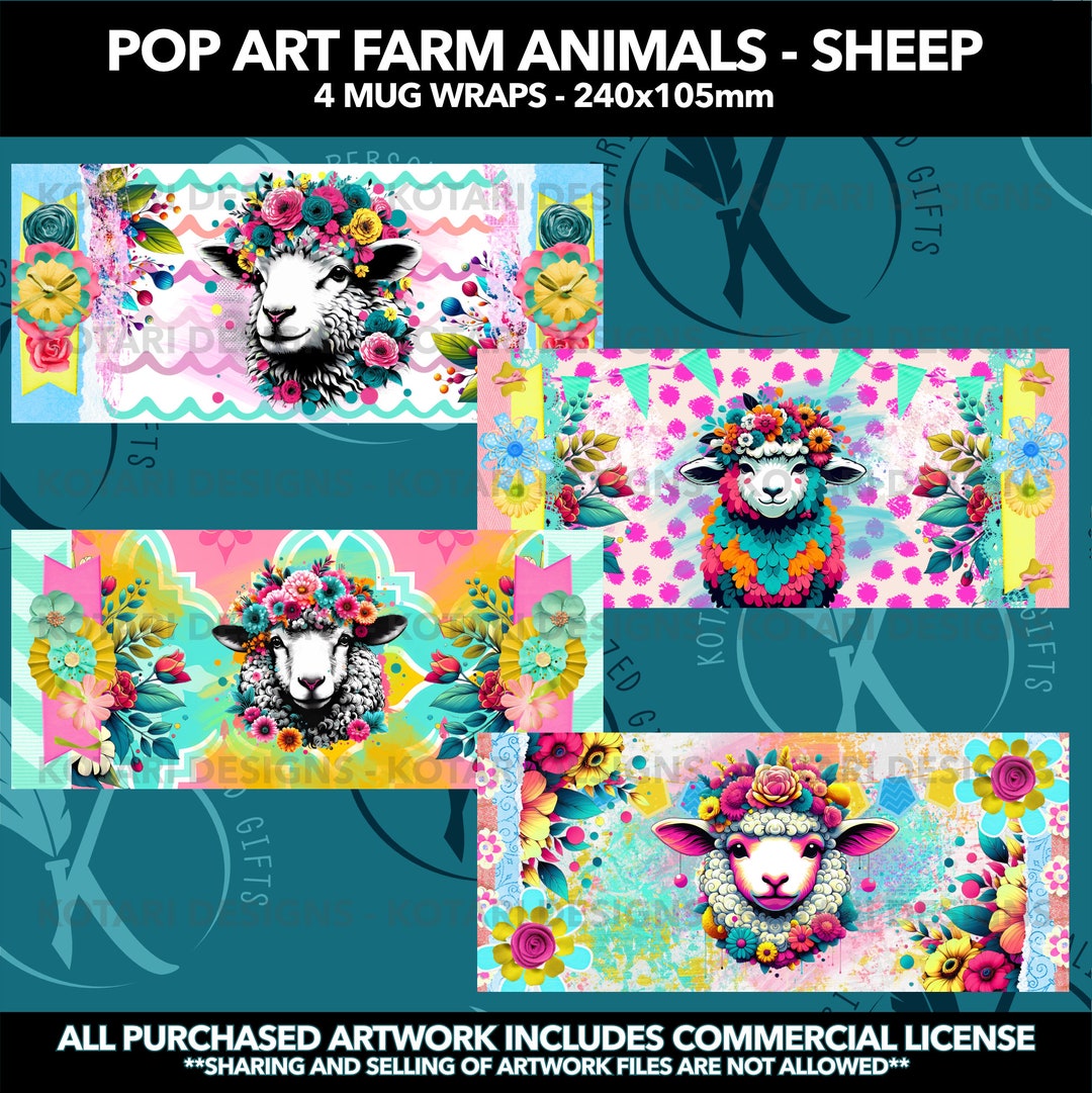Pop Art Sheep Mug Wraps: Farm Animal Sublimation Design (digital ...