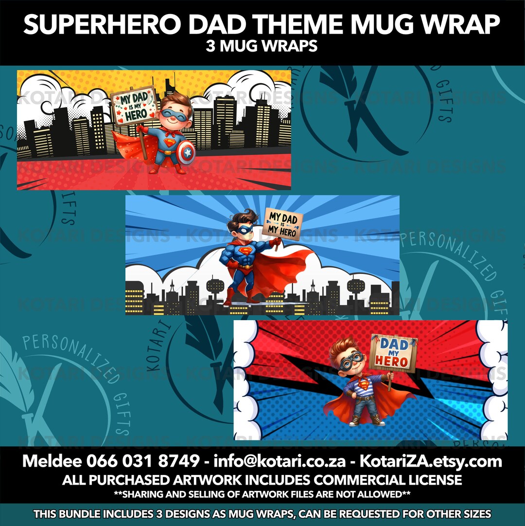 Superhero Themed - 3 Designs - Father's Day Mug Wrap - Ideal for a Dad ...