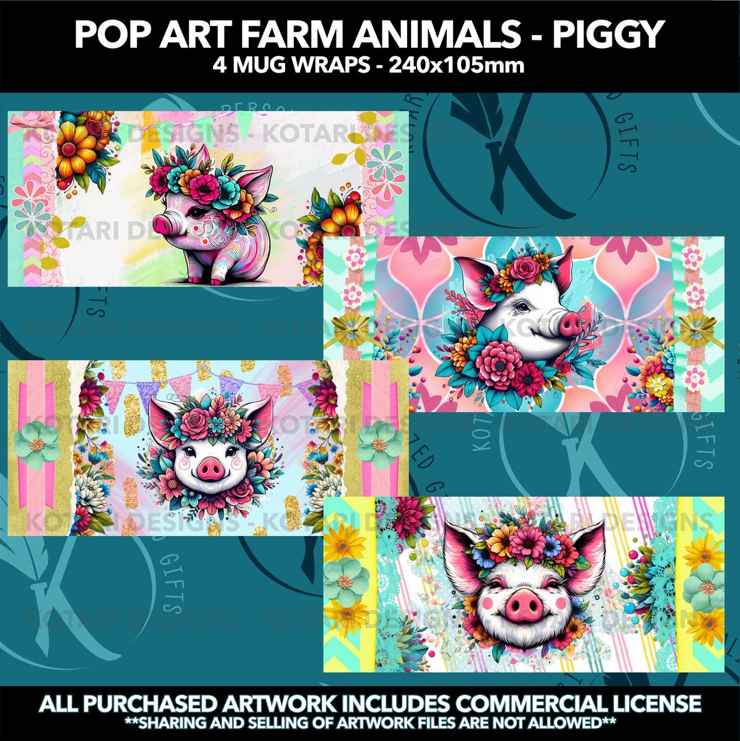 Pop Art Pig Mug Wraps: Colorful Farm Animal Design (digital Download ...