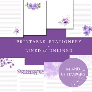 Purple Flower Printable Letter Writing Paper / Lined&unlined / Digital ...