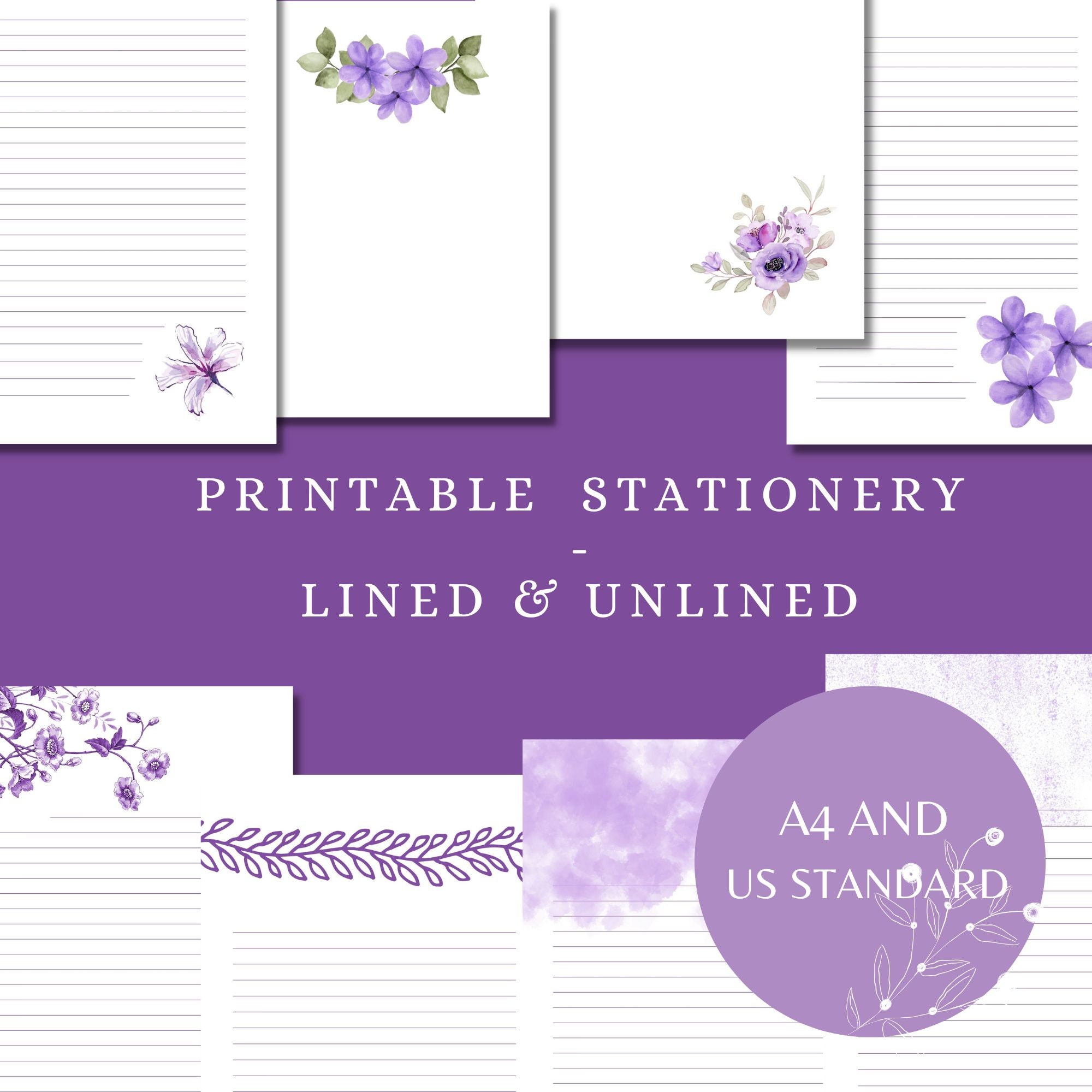 Purple Flower Printable Letter Writing Paper / Lined&unlined / Digital ...