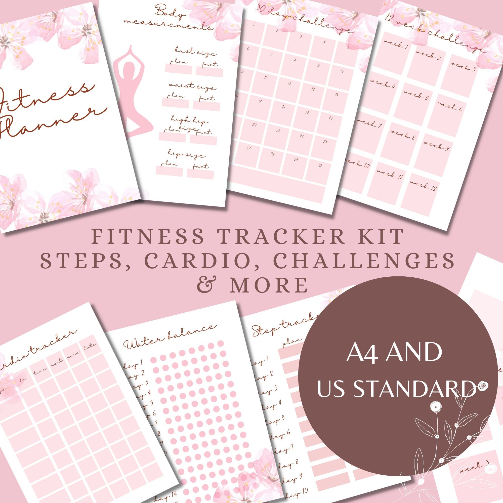 Cherry Blossom Printable Fitness Tracker Journal / Cardio, Steps, Water ...