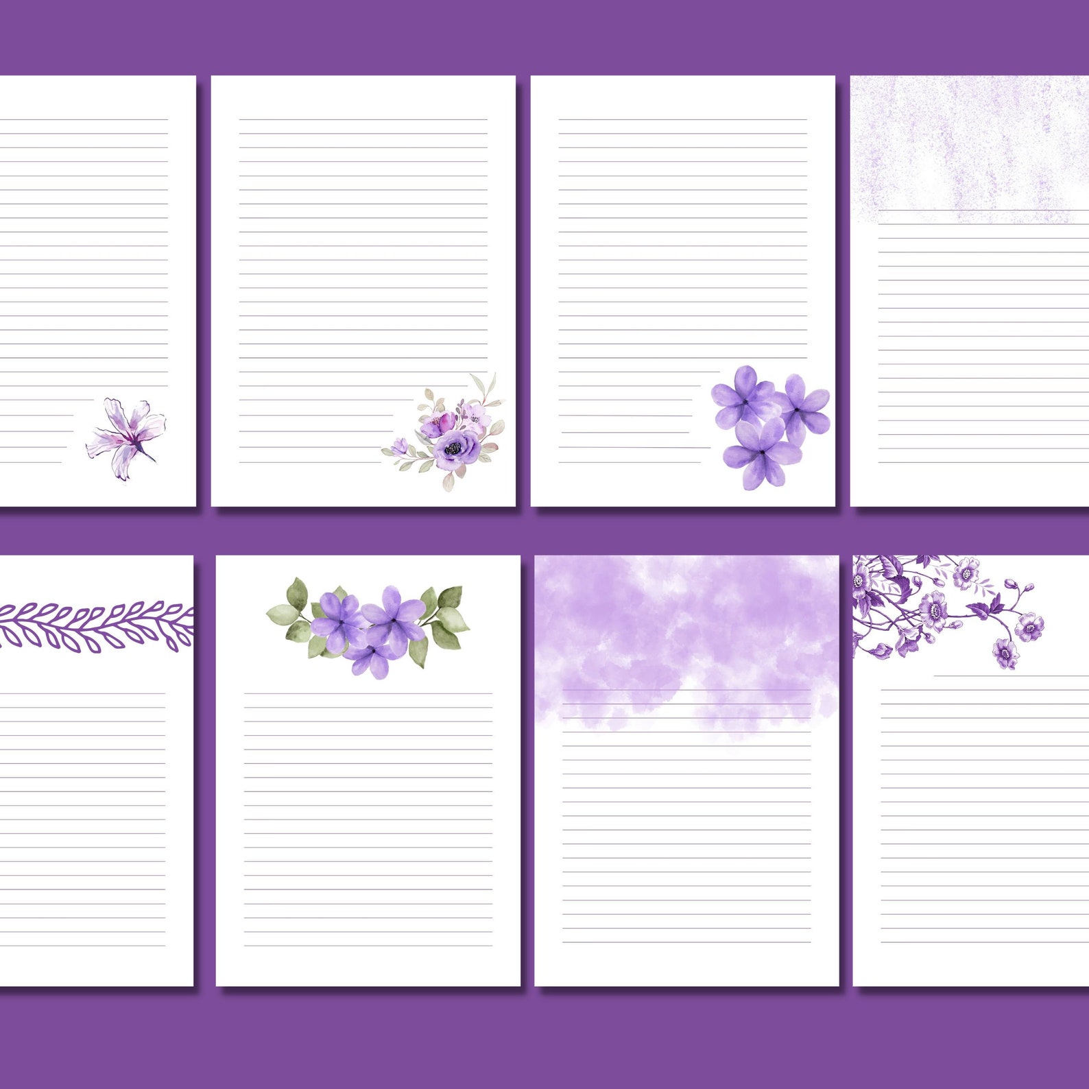 Purple Flower Printable Letter Writing Paper / Lined&unlined / Digital ...