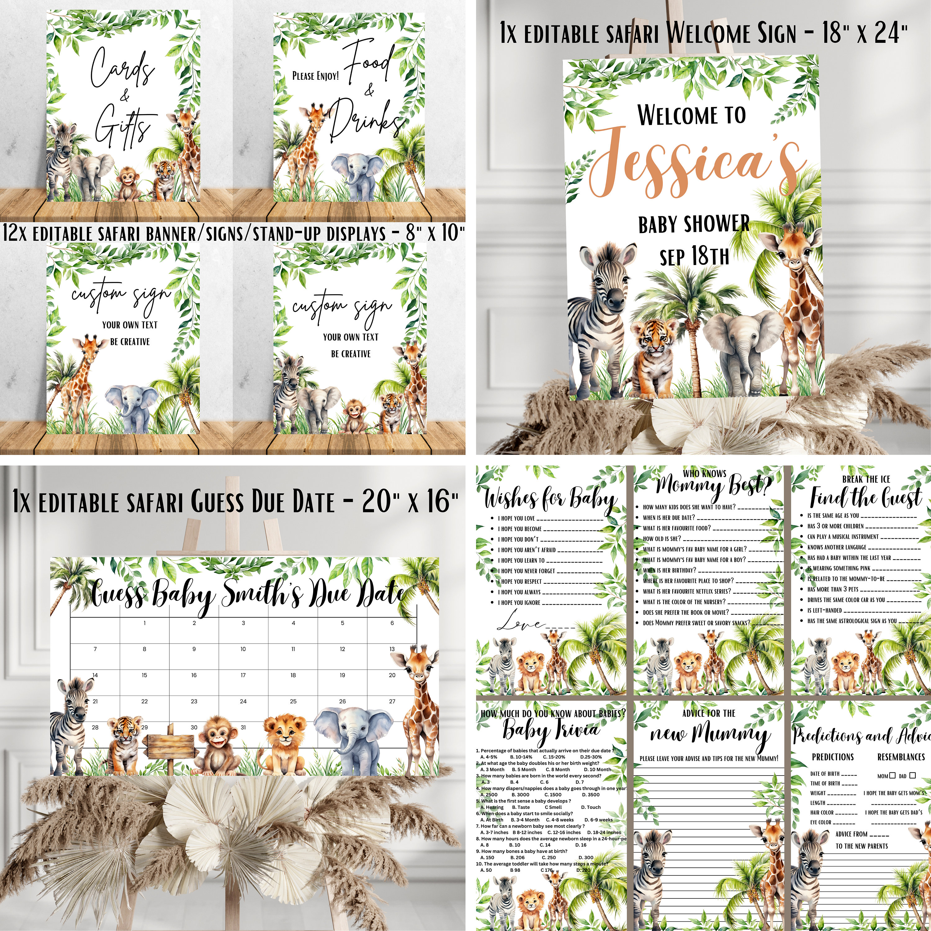 Safari Animals Baby Shower Bundle, Editable Safari Baby Shower ...