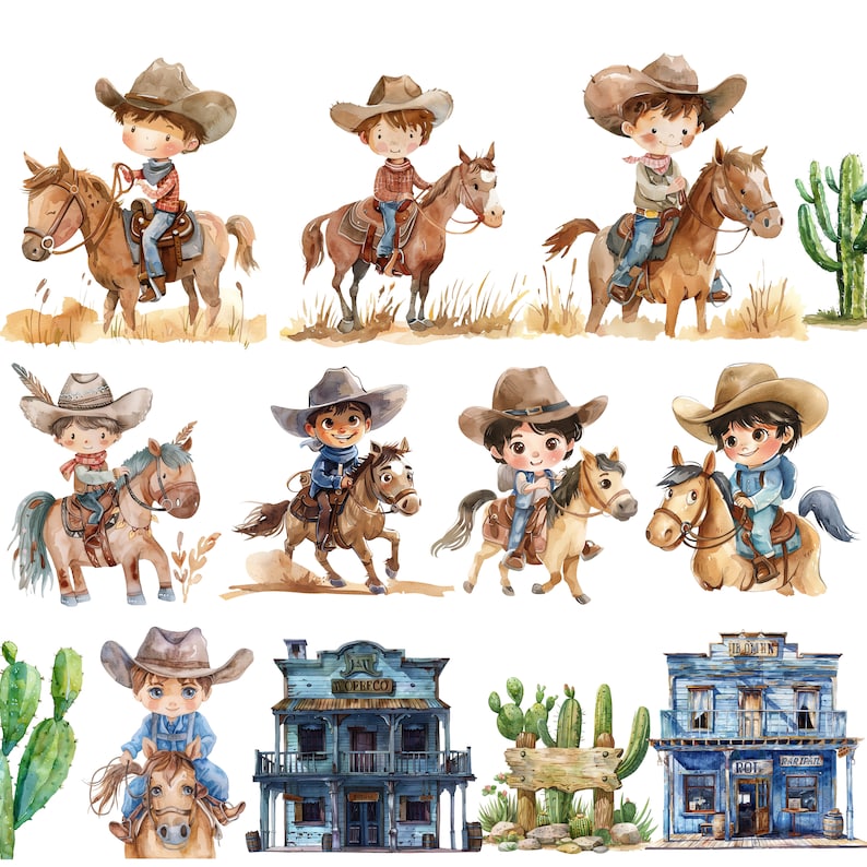 Watercolor Cute Cowboy Clipart, Baby Cowboy PNG, Wild West Clipart ...