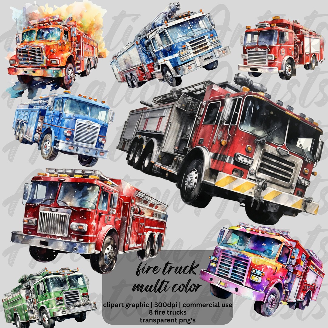 Watercolor Fire Truck Clipart, Fire Truck Png, Fire Truck Print, Boys ...