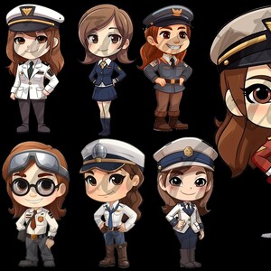 50x Chibi Flight Attendant Clipart Female Woman Pilot Clipart Aviation ...