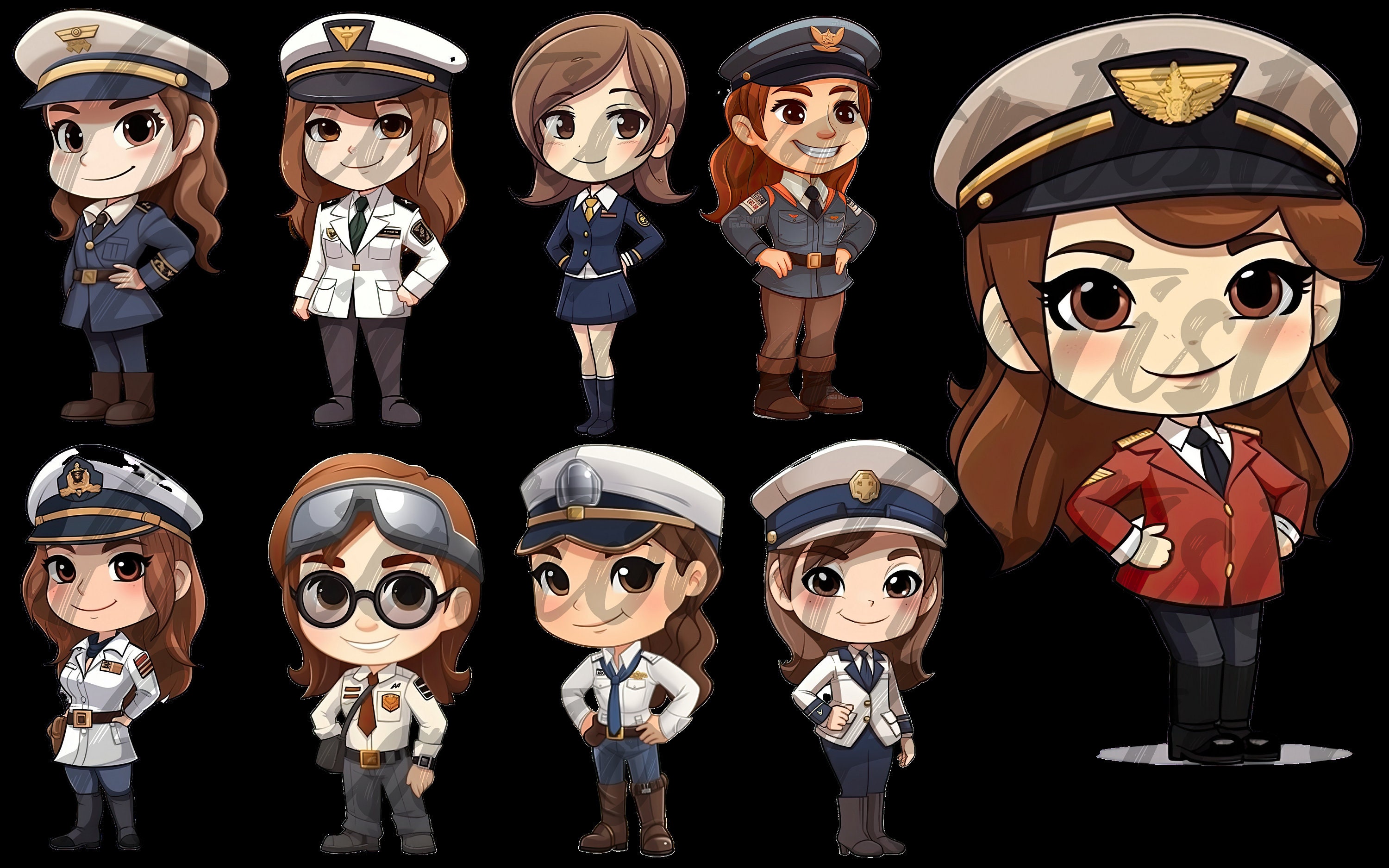 50x Chibi Flight Attendant Clipart Female Woman Pilot Clipart Aviation ...