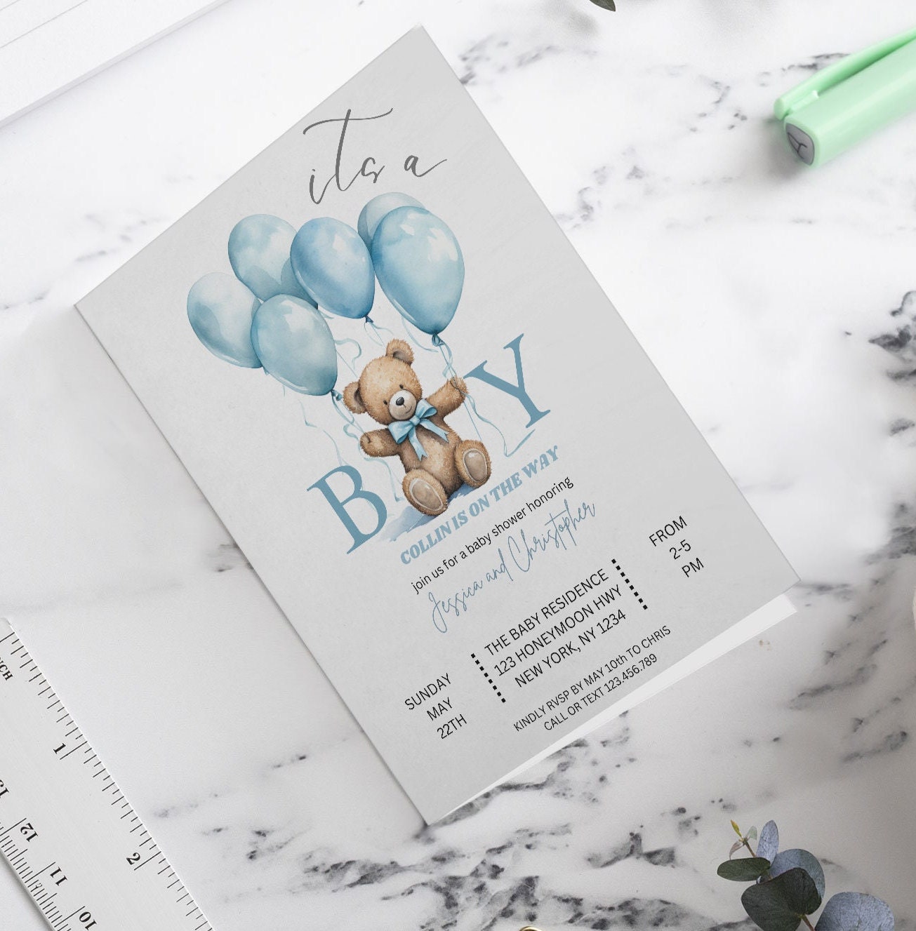 Watercolor Blue Teddy Bear Balloon Boho Blue Bear We Can - Etsy