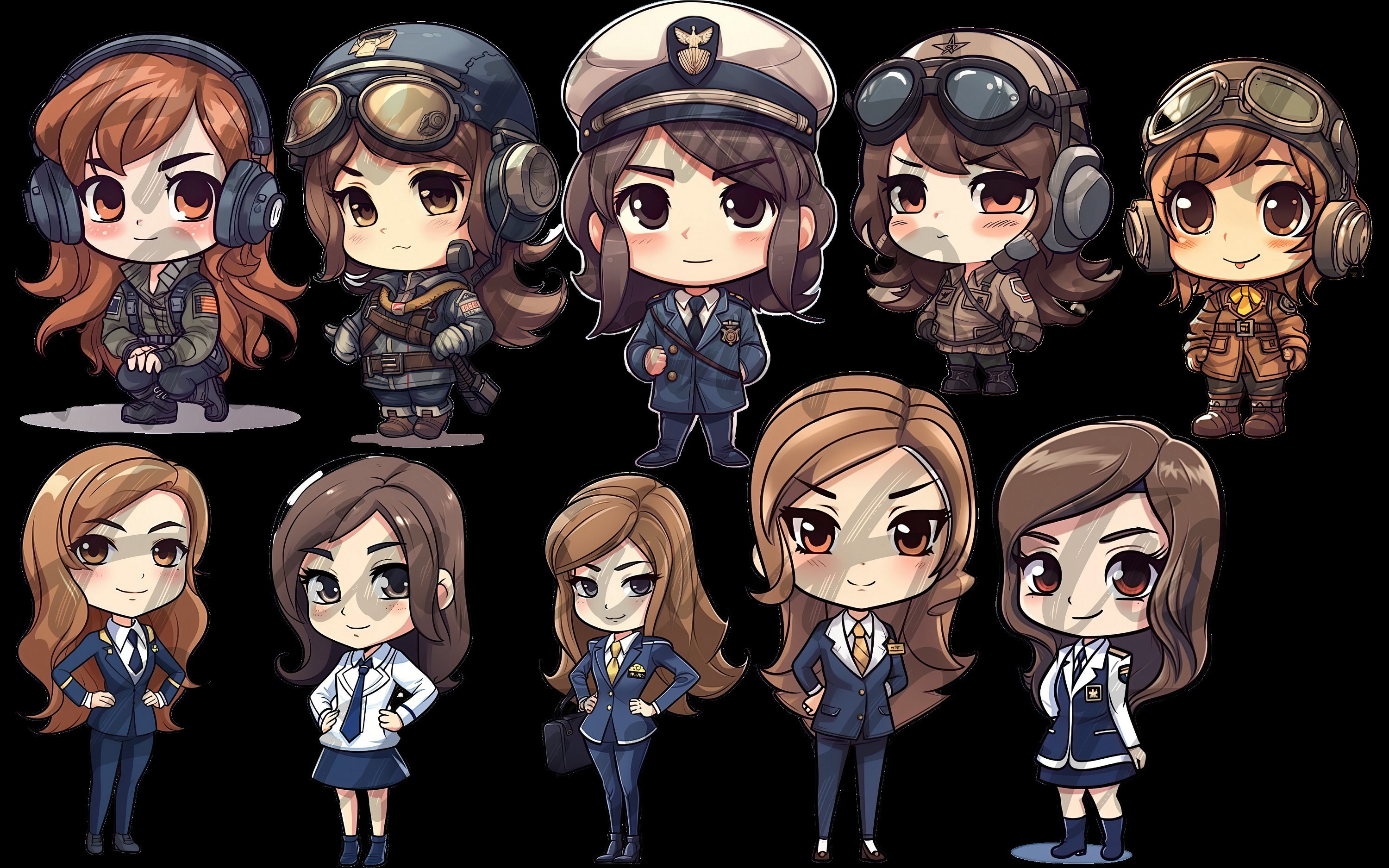 50x Chibi Flight Attendant Clipart Female Woman Pilot Clipart Aviation ...