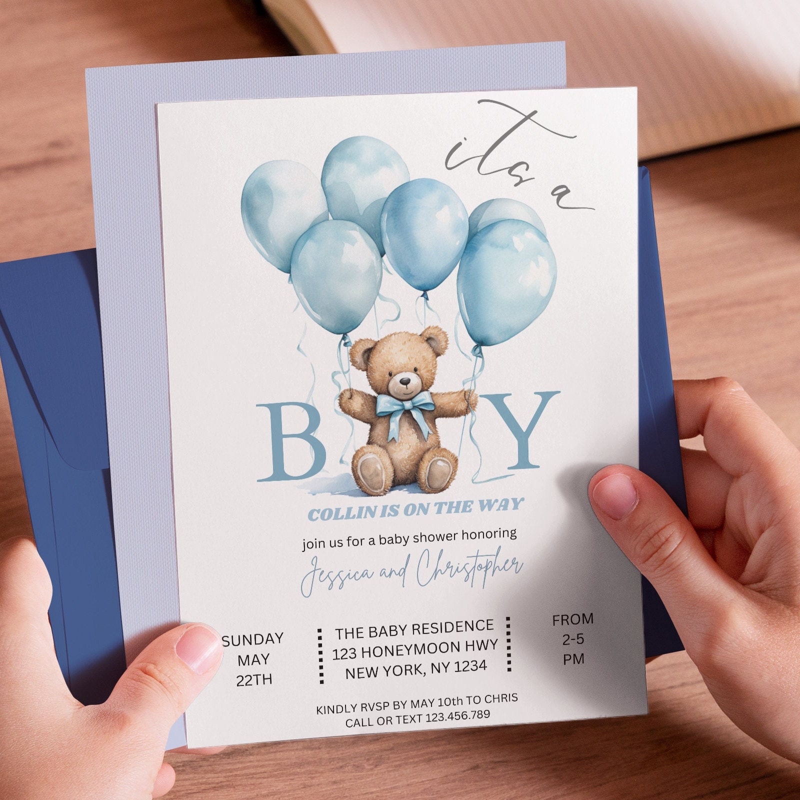 Watercolor Blue Teddy Bear Balloon Boho Blue Bear We Can - Etsy