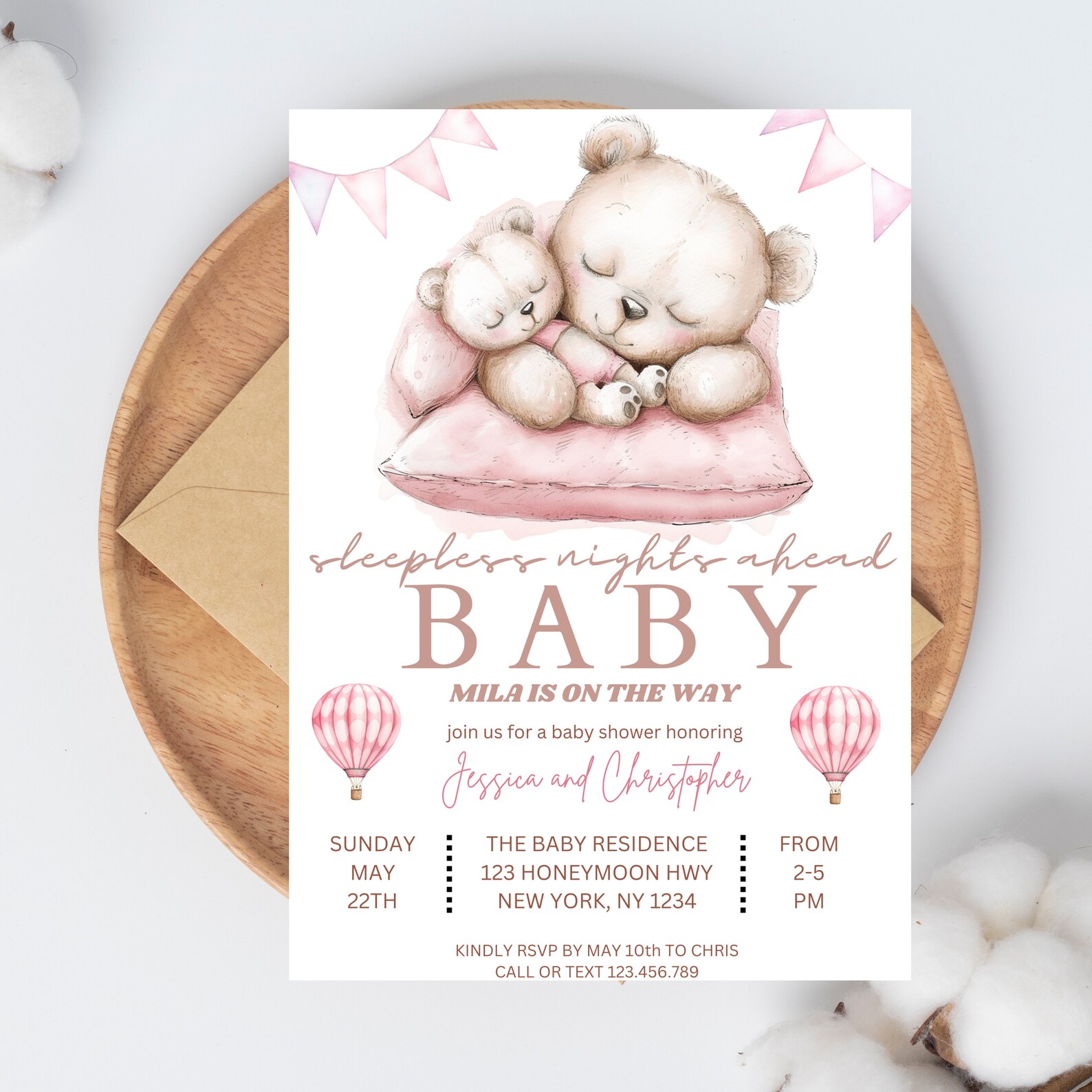 Sleepless Nights Ahead Invite, Pink Teddy Bear Baby Shower Invitation ...