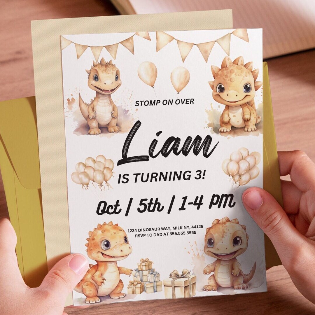 Watercolor Dinosaur Birthday Invitation Template Dinosaur Invitation ...