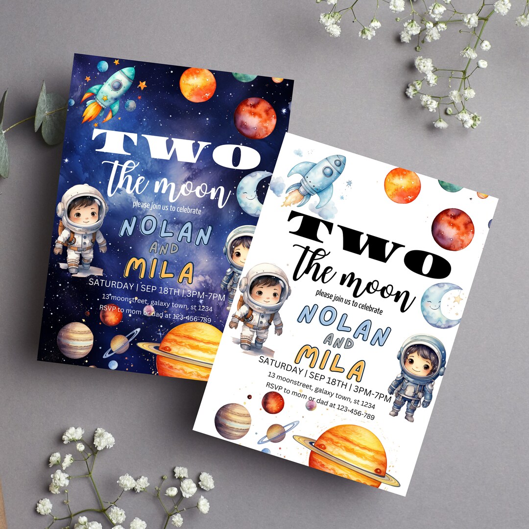 2x Two the Moon Invitation for Twins, Siblings Space Invitation ...