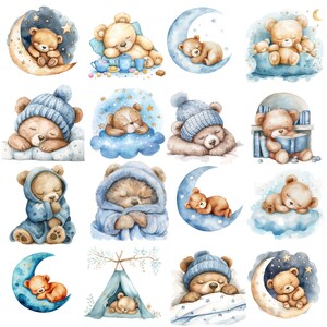 Watercolor Blue Teddy Bear Clipart, Sleepy Teddy Bears, Bear PNG, Cute ...