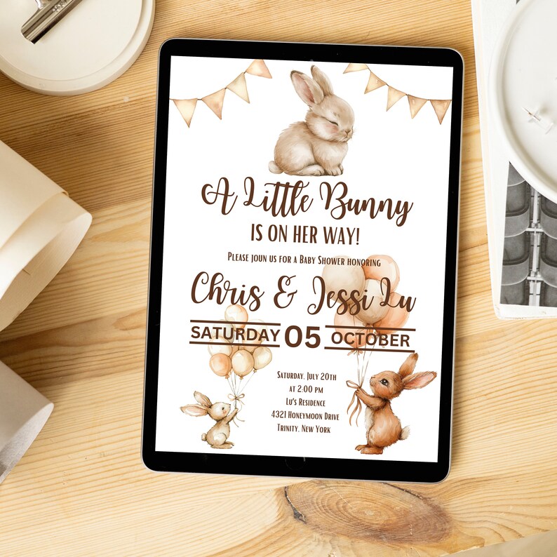 Editable Neutral Rabbit Baby Shower Invitation, Beige Boho Bunny Baby ...