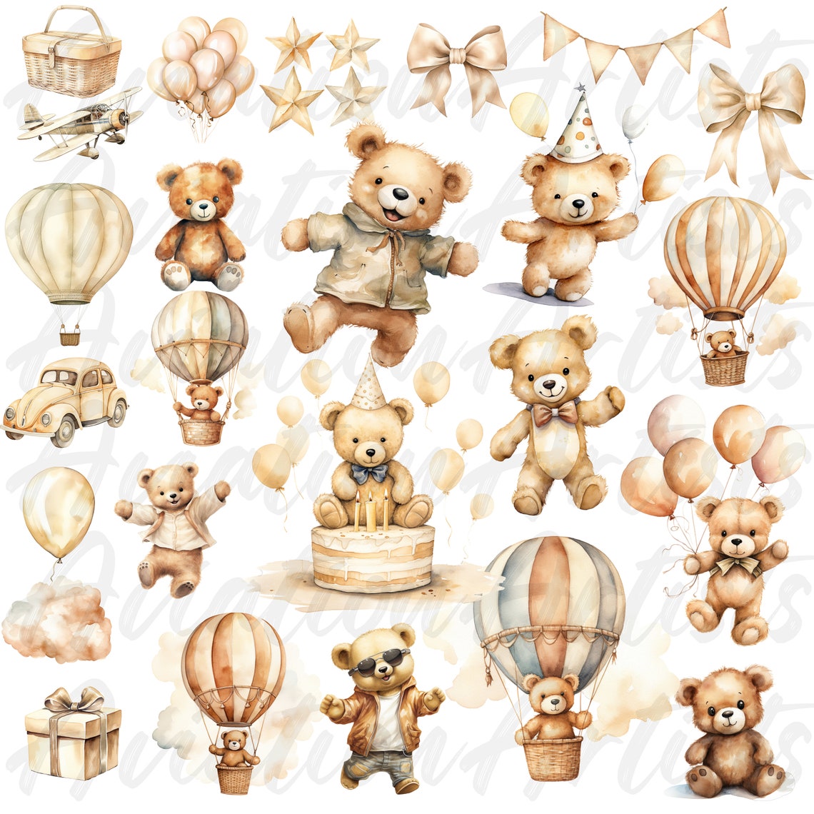 Watercolor Teddy Bear Clipart, Teddy Bear Png, Beige Teddies, Gender ...