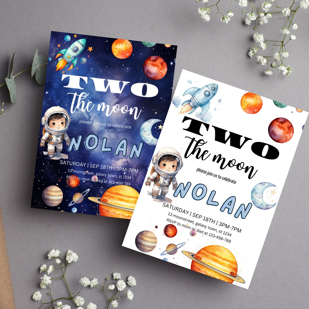 2x Two the Moon Invitation, Space Invitation Boy, Astronaut Invite ...