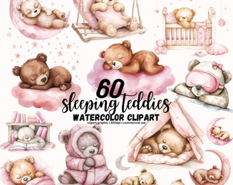 Baby Pink Watercolor Teddy Bear Clipart, Sleeping Teddy Bears, Baby ...