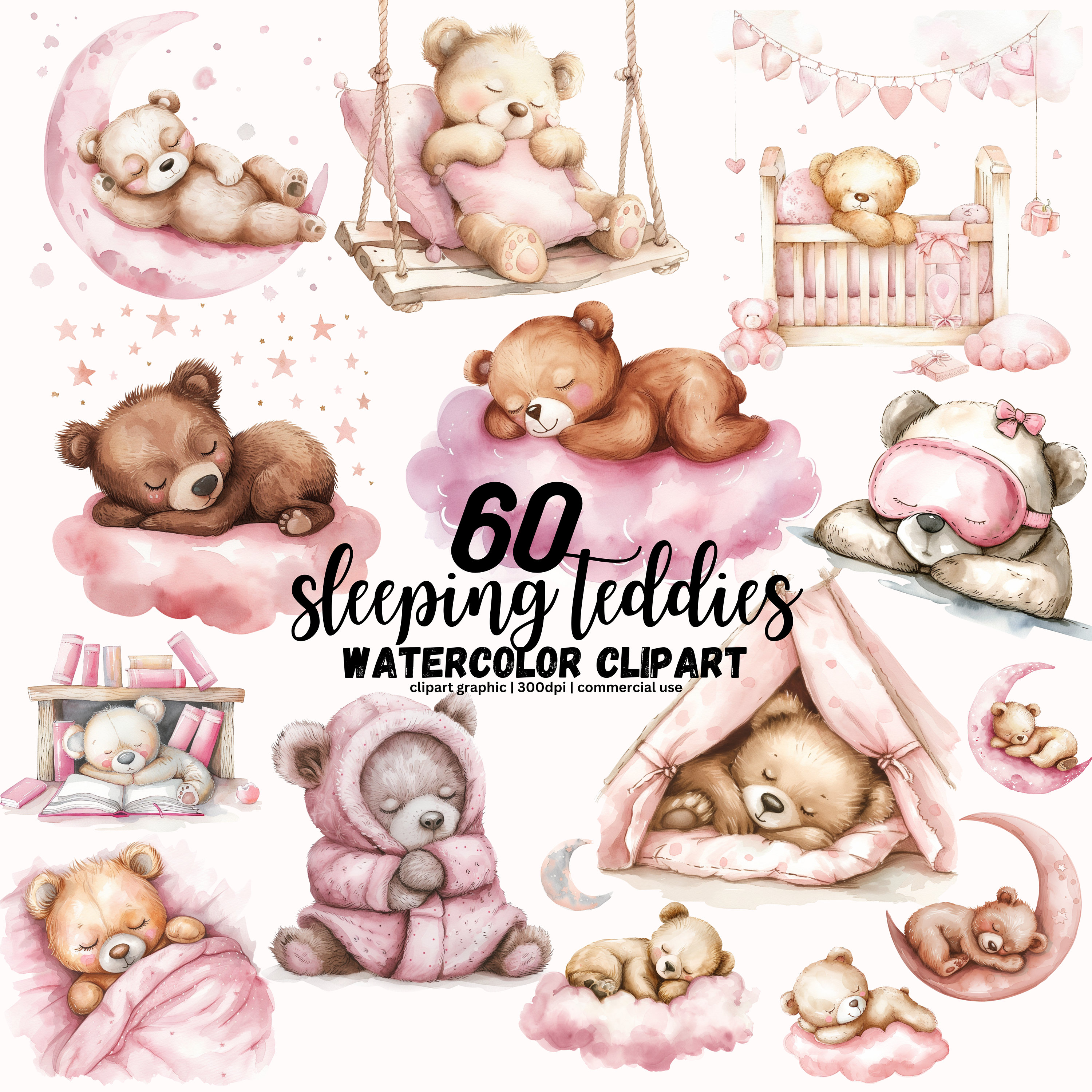 Watercolor PINK Teddy Bear Clipart, Sleeping Teddy Bears, Baby Shower ...