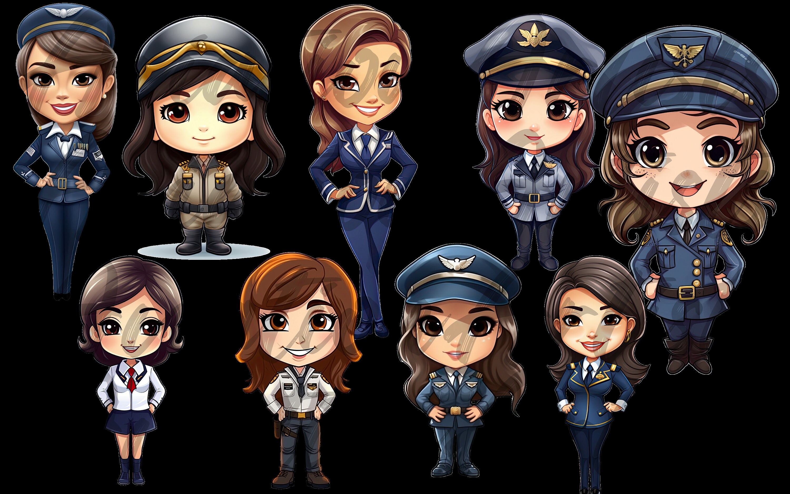50x Chibi Flight Attendant Clipart Female Woman Pilot Clipart Aviation ...