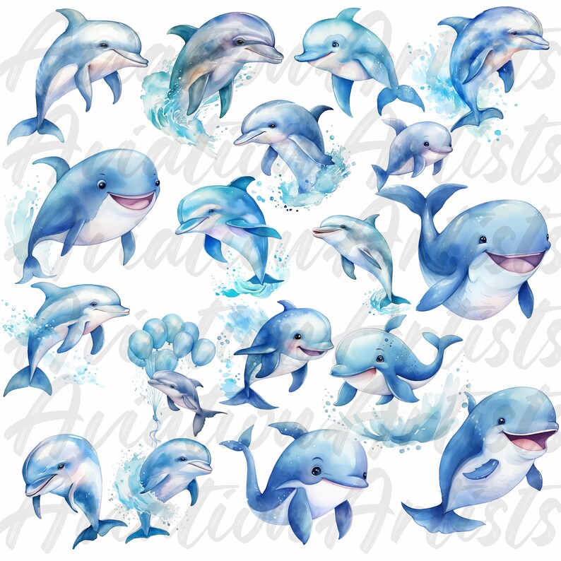 Watercolor Whales & Dolphins Clipart Sea Animals Watercolor - Etsy
