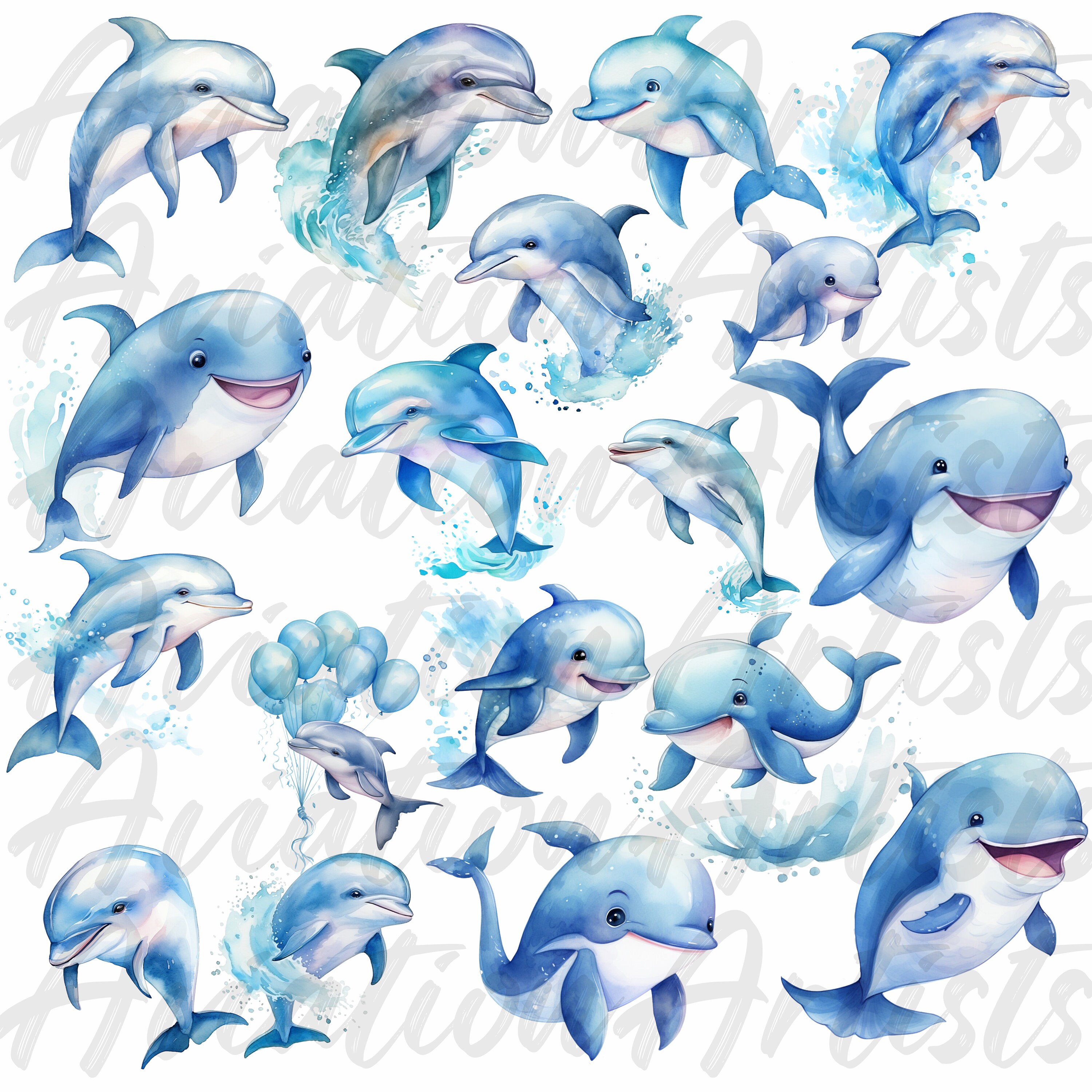 Watercolor Whales & Dolphins Clipart Sea Animals Watercolor - Etsy