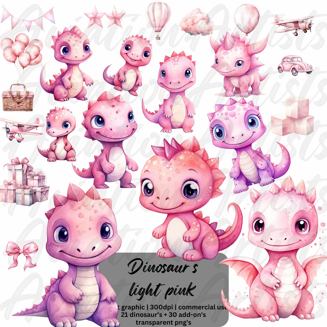 Watercolor Pink Dinosaur Clipart, Dino Nursery Decor, Baby Girl ...