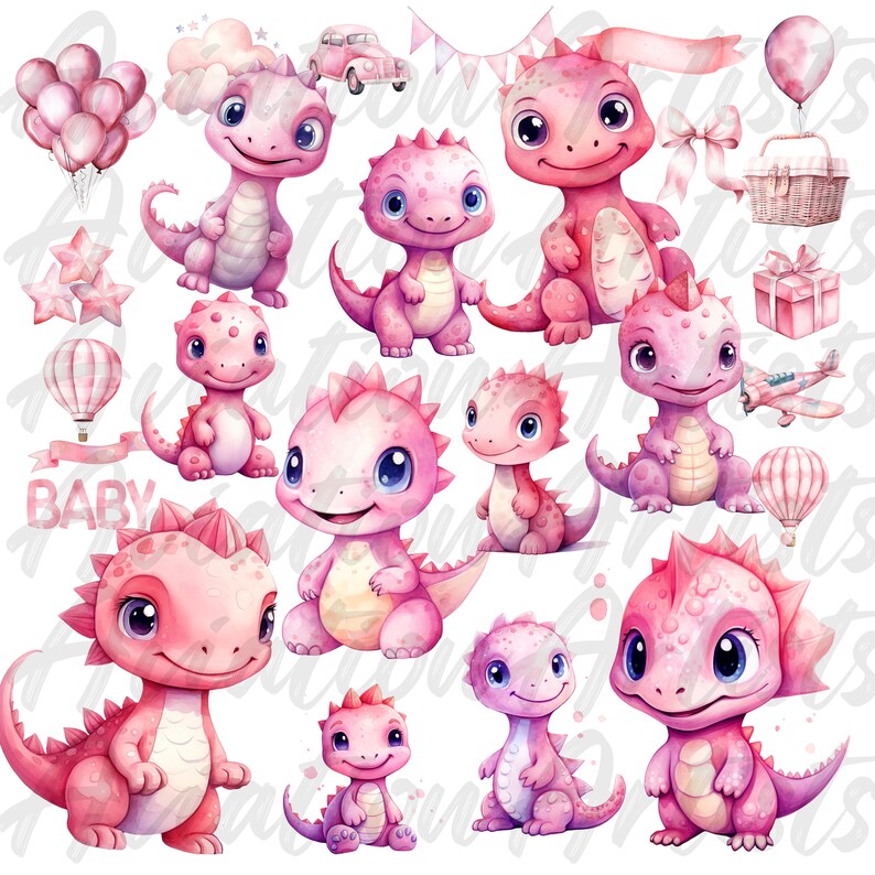 Watercolor Pink Dinosaur Clipart Dino Nursery Decor Baby - Etsy