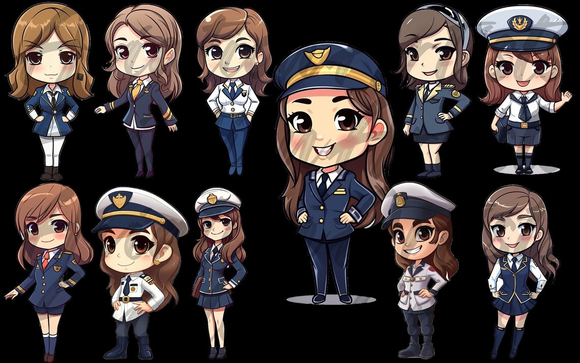 50x Chibi Flight Attendant Clipart Female Woman Pilot Clipart Aviation ...