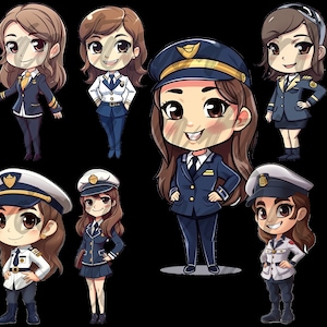 50x Chibi Flight Attendant Clipart Female Woman Pilot Clipart Aviation ...