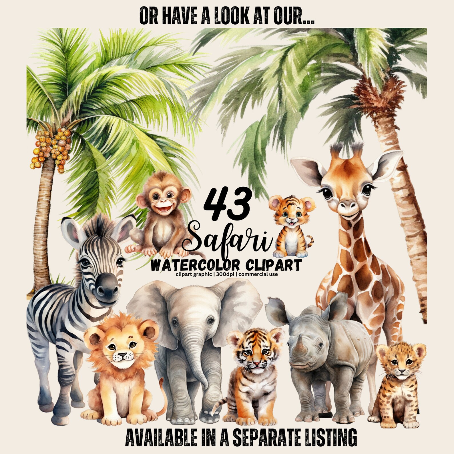 Cute Jungle Animals Clipart, Safari Baby Animal PNG, Watercolor Animal ...